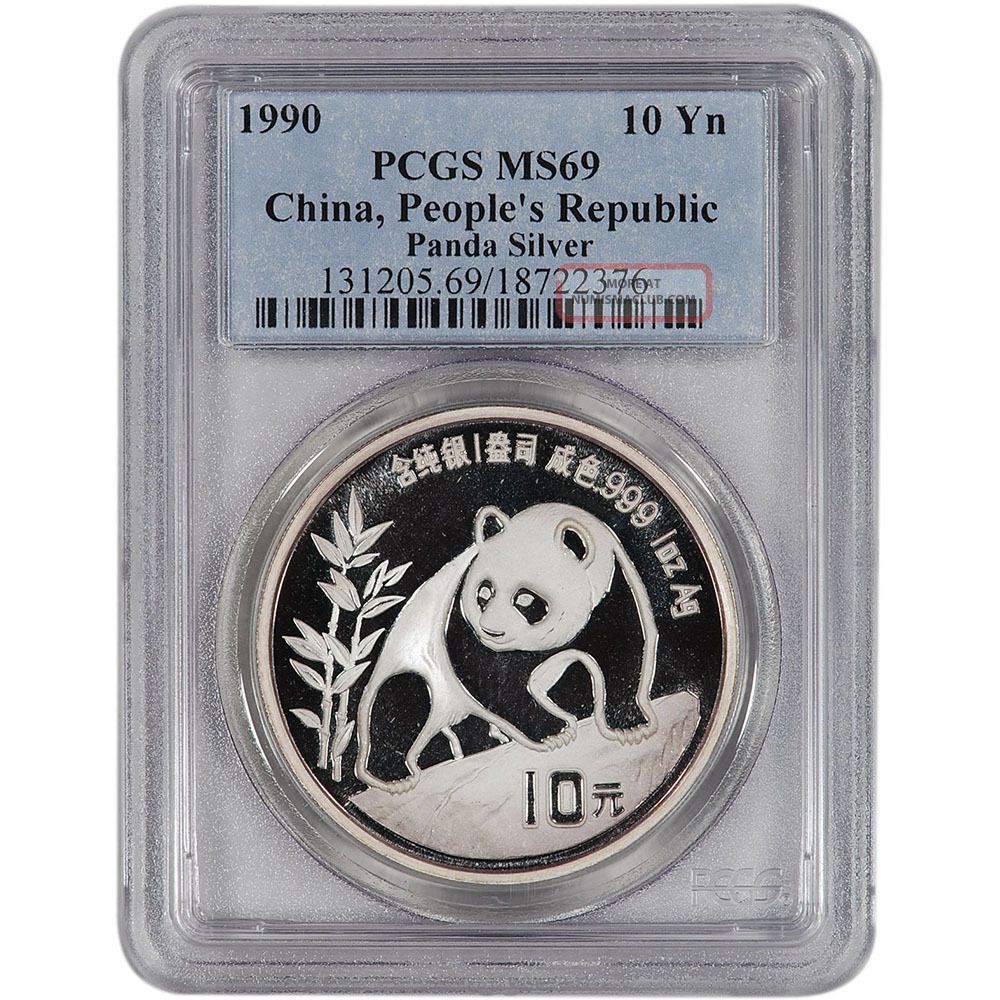 1990 China Silver Panda 1 Oz 10 Yuan Pcgs Ms69