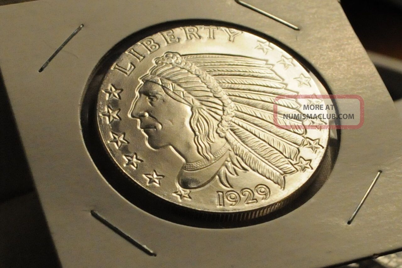 1 Troy Oz 1929 Incuse Indian Head Coin 999 Silver Bu 5 Gold Piece