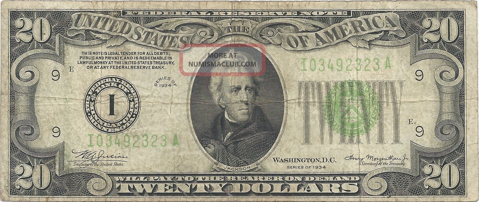 1934 $20. 00 Federal Reserve Note Green Seal