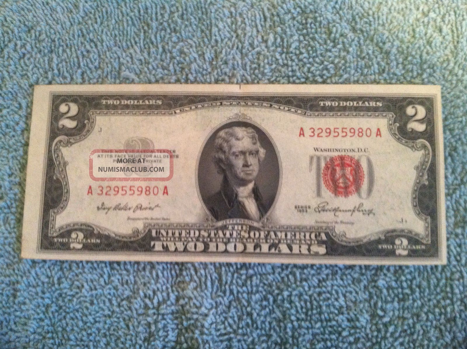 1953 Red Seal Two 2 Dollar Bill Note A32955980a Rare Old U S Currency