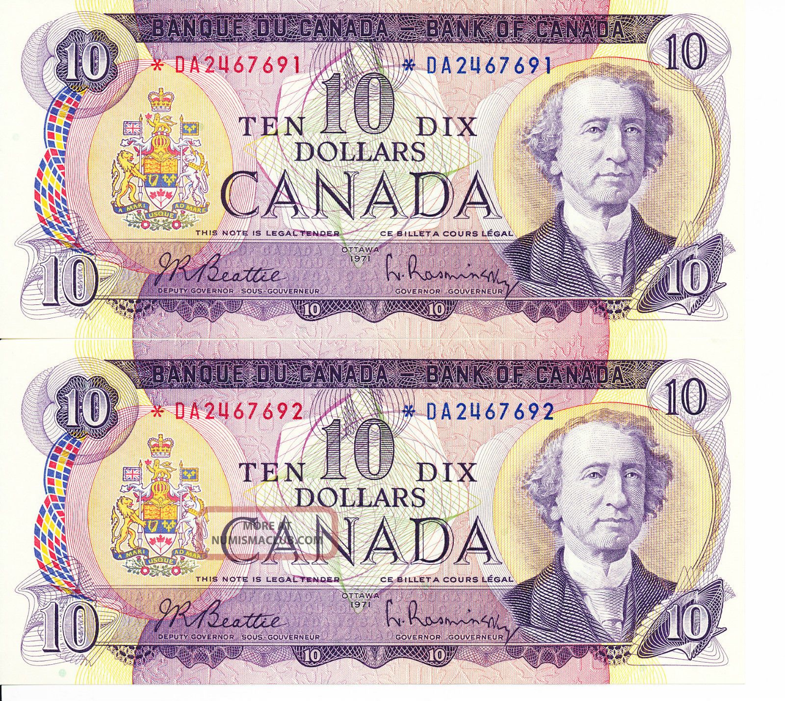 2 X 1971 Canadian Paper Money 10 Dollar Bills Replacement Note Unc In Seq 2 X 1971 Canadian Paper Money 10 Dollar Bills Replacement Note Unc In Seq