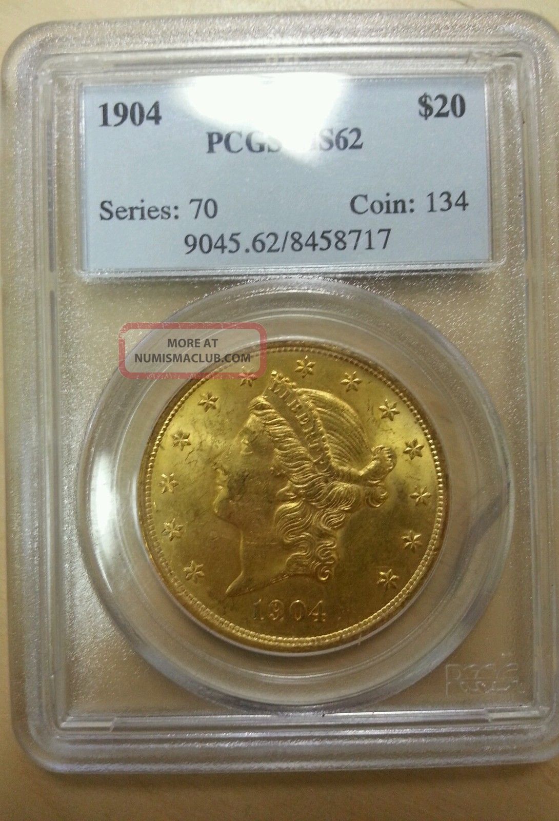 1904 Gold Us $20 Liberty Head Double Eagle Coin Ms - 62 Pcgs - Rare 1904 Gold Us $20 Liberty Head Double Eagle Coin Ms - 62 Pcgs - Rare