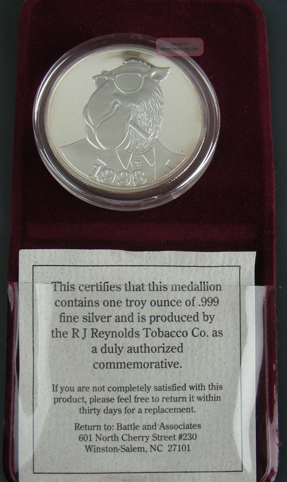 Joe Camel 1993 Silver Medallion 1 Troy Ounce. 999 Fine Silver 80 Year Anniv Joe Camel 1993 Silver Medallion 1 Troy Ounce. 999 Fine Silver 80 Year Anniv