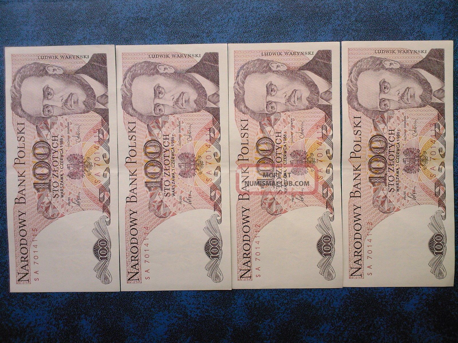 4 X 100 Zlotych 1986 Consecutive Series Aunc 8042