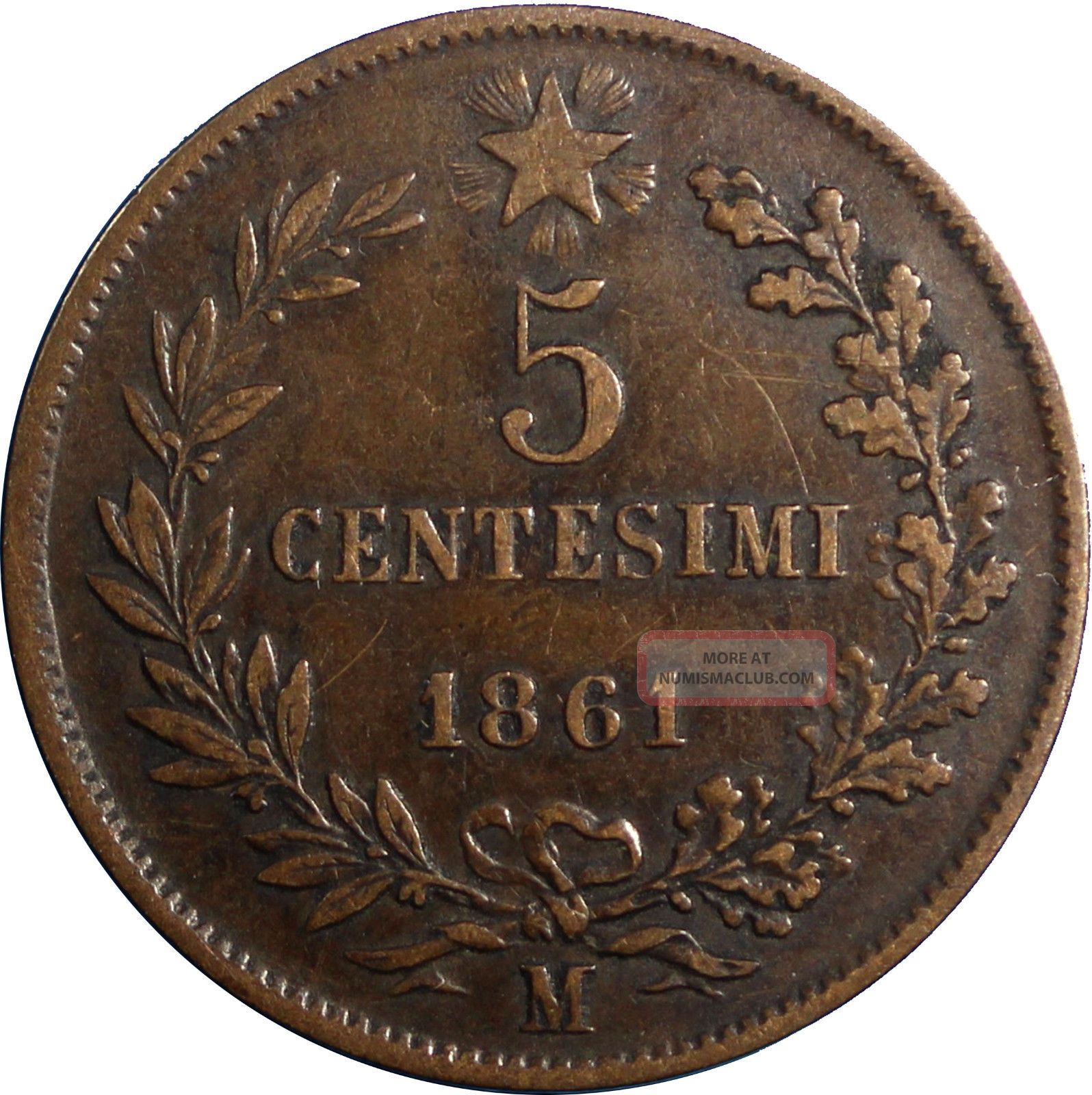 Italy Vittorio Emanuele Ii Copper 1861 M 5 Centesimi Km 3. 2 Italy Vittorio Emanuele Ii Copper 1861 M 5 Centesimi Km 3. 2