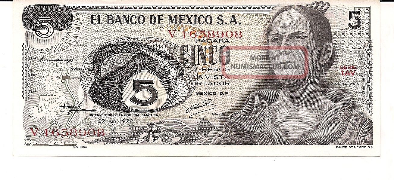 1972 Mexico Cinco Pesos 5 Pesos Note Gorgeous Uncirculated Note