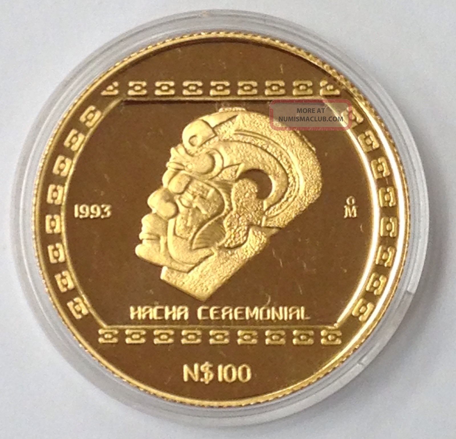 1993 Mexico 100 Nuevo Pesos Proof Gold Hacha Ceremonial Coin 1993 Mexico 100 Nuevo Pesos Proof Gold Hacha Ceremonial Coin