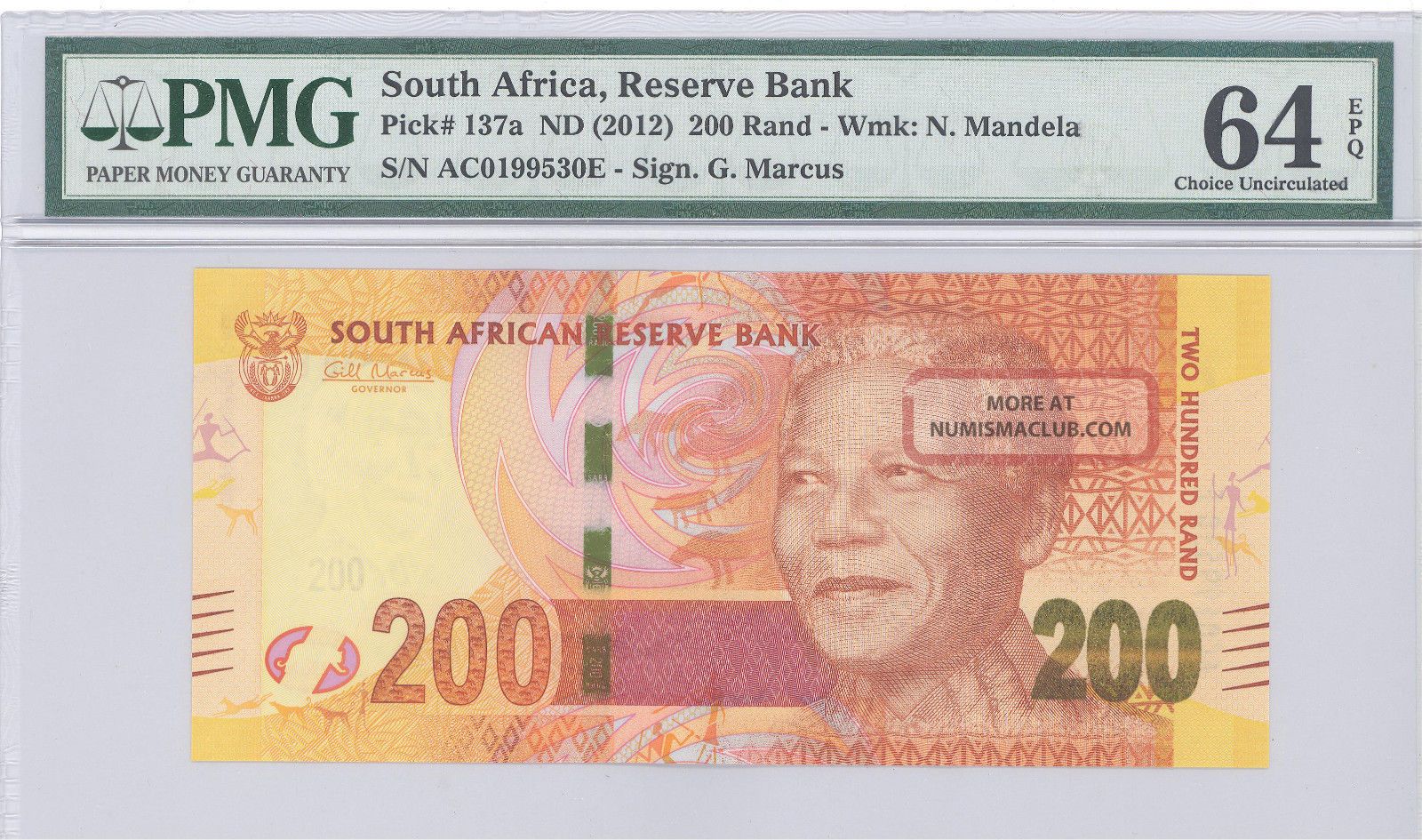 2012 South Africa S African Reserve Bank 200 Rand Pmg 64 Epq Choice Unc ...