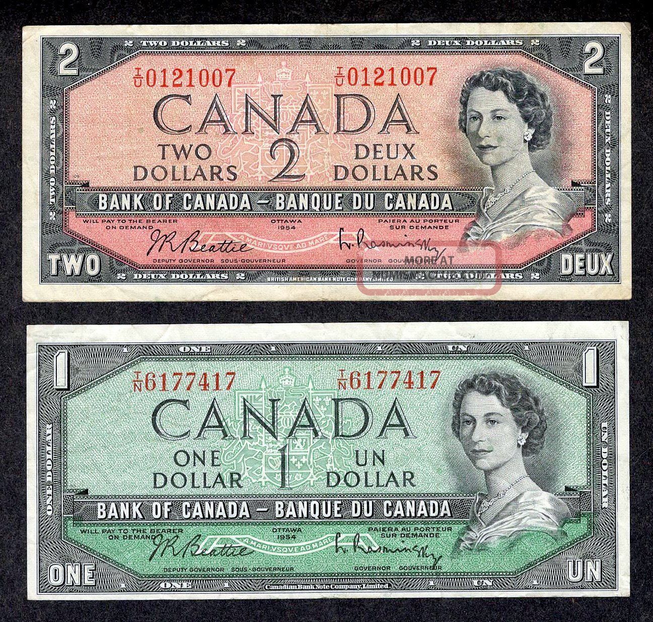 1954 2 00 1 00 Bank Of Canada Old Paper Money One Two Dollars