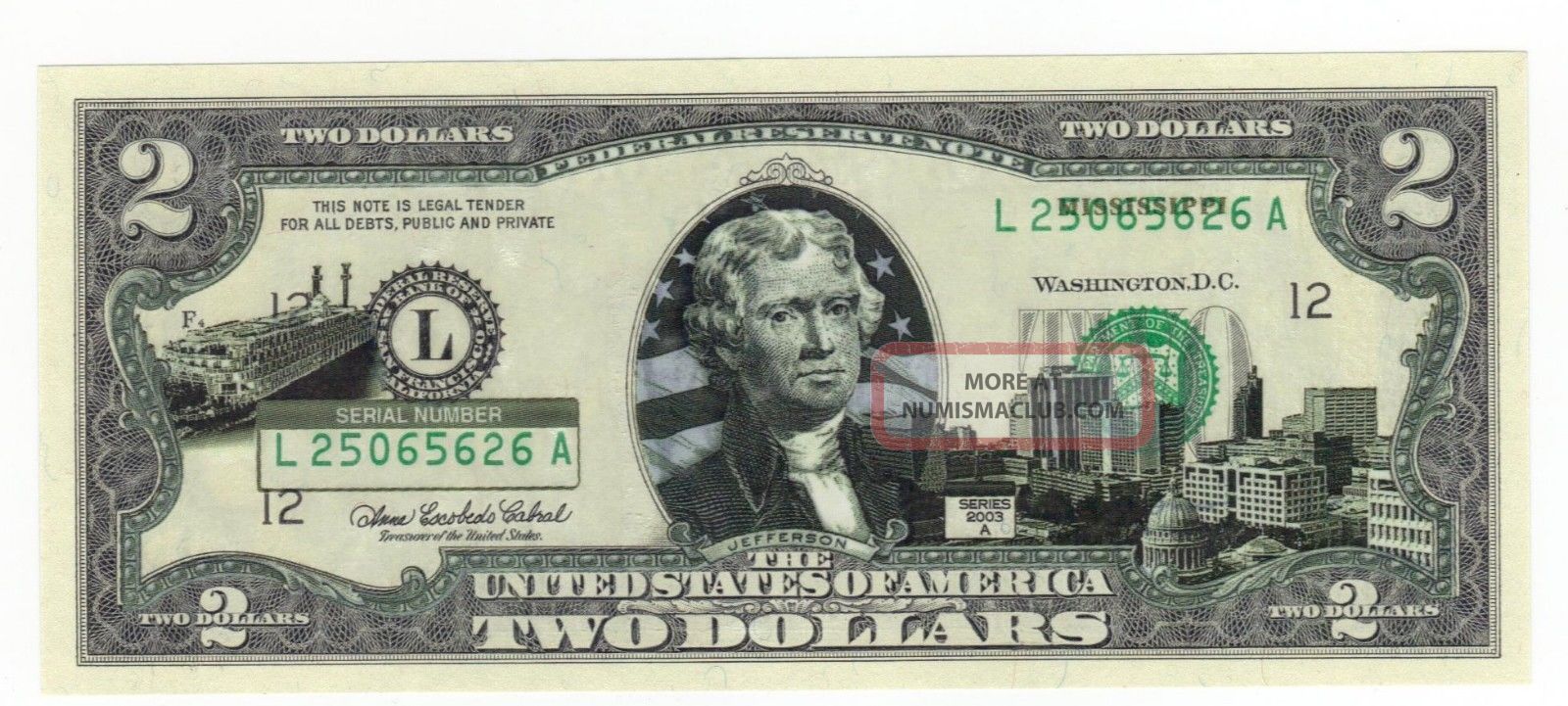 Bu Mississippi 2 Two Dollar Bill Colorized State Landmark Uncirculated Bu Mississippi 2 Two Dollar Bill Colorized State Landmark Uncirculated
