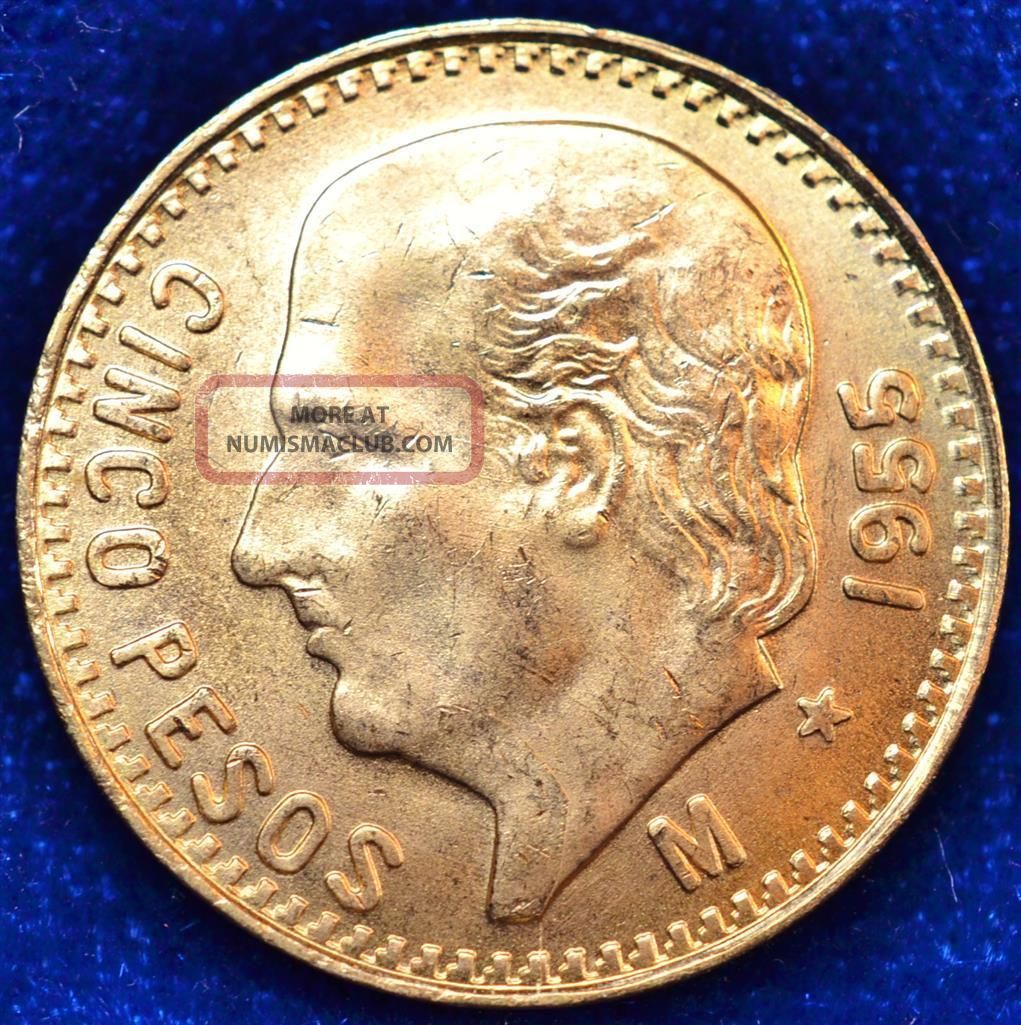 1955 Mexican 5 Peso Gold Coin Bu 1205 Oz Agw