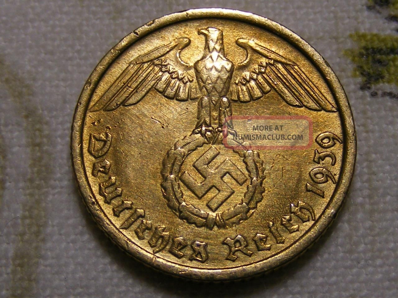 1939 Rare Old Wwii Nazi Hitler Germany 3rd Reich Brass Reichspfennig