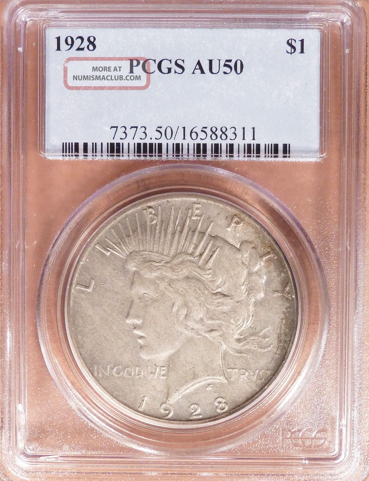 1928 Peace Dollar Pcgs Graded Au50, Medium Toned Key Date Coin