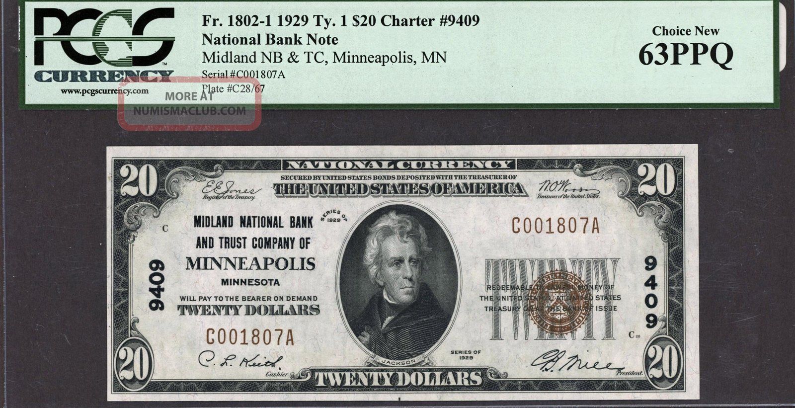 1929 $20 National Bank Note Pcgs Choice 63ppq
