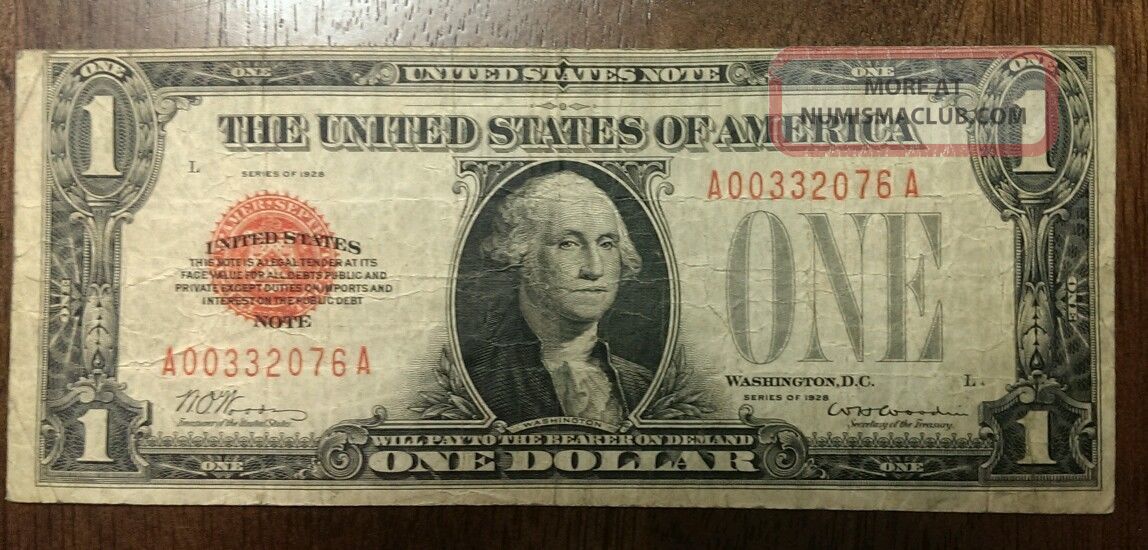 1928 Red Seal $1 Us Note In F+ Look