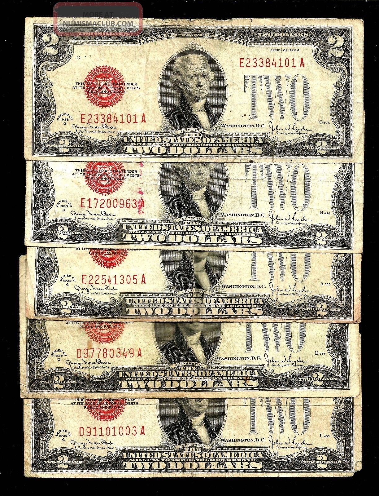5 1928 G United States Two Dollar Red Seal Notes