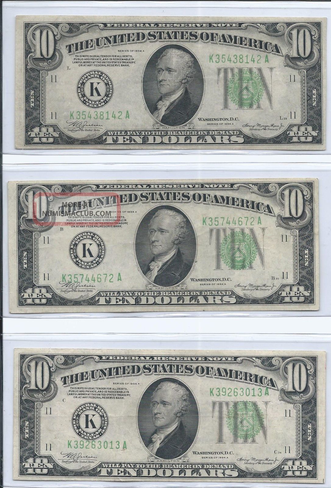3 1934a $10. 00 Federal Reserve Notes Dallas