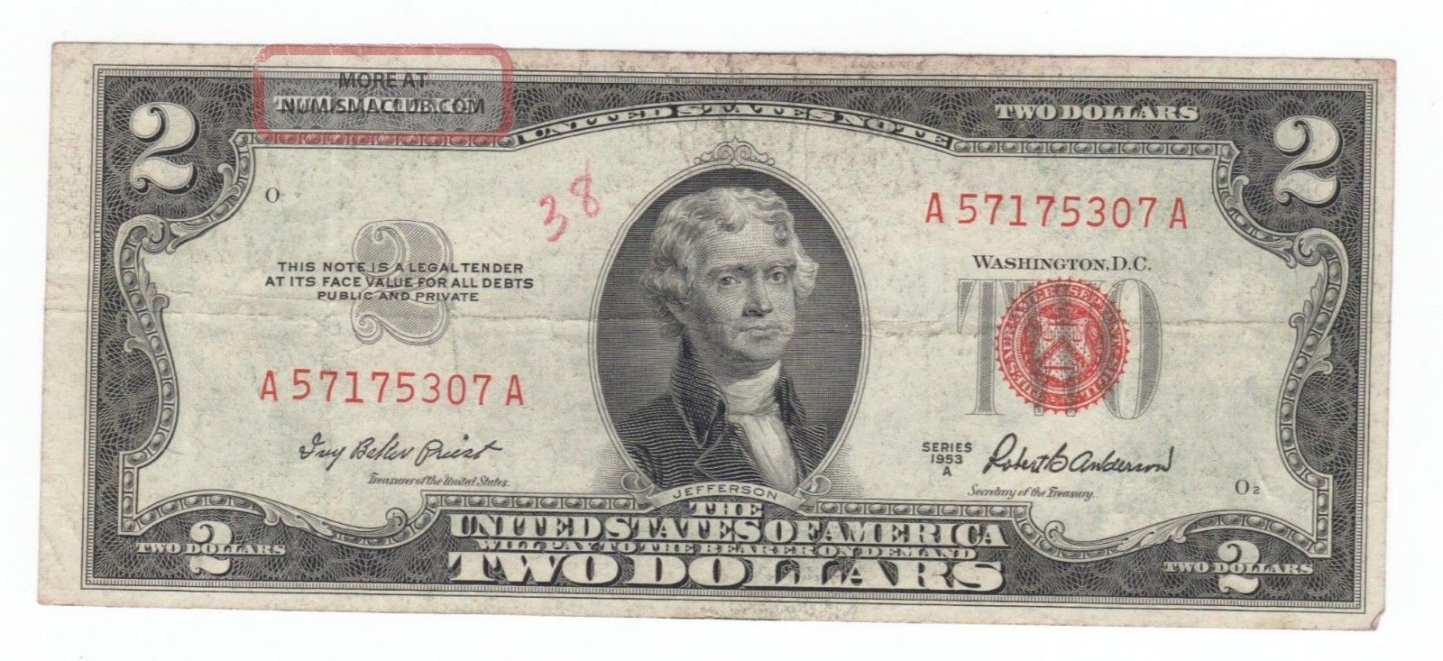 1953a Red Seal $2. 00 Thomas Jefferson Note, Two Dollar Bill A57175307a