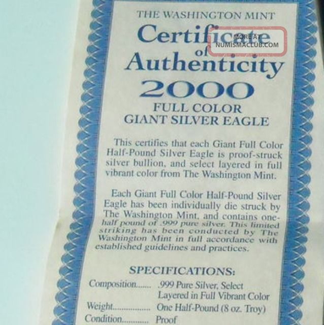 Washington 2000 Half Pound 8 Troy Oz Color Silver Eagle Lady Liberty Coin washington-2000-half-pound-8-troy-oz-color-silver-eagle-lady-liberty-coin