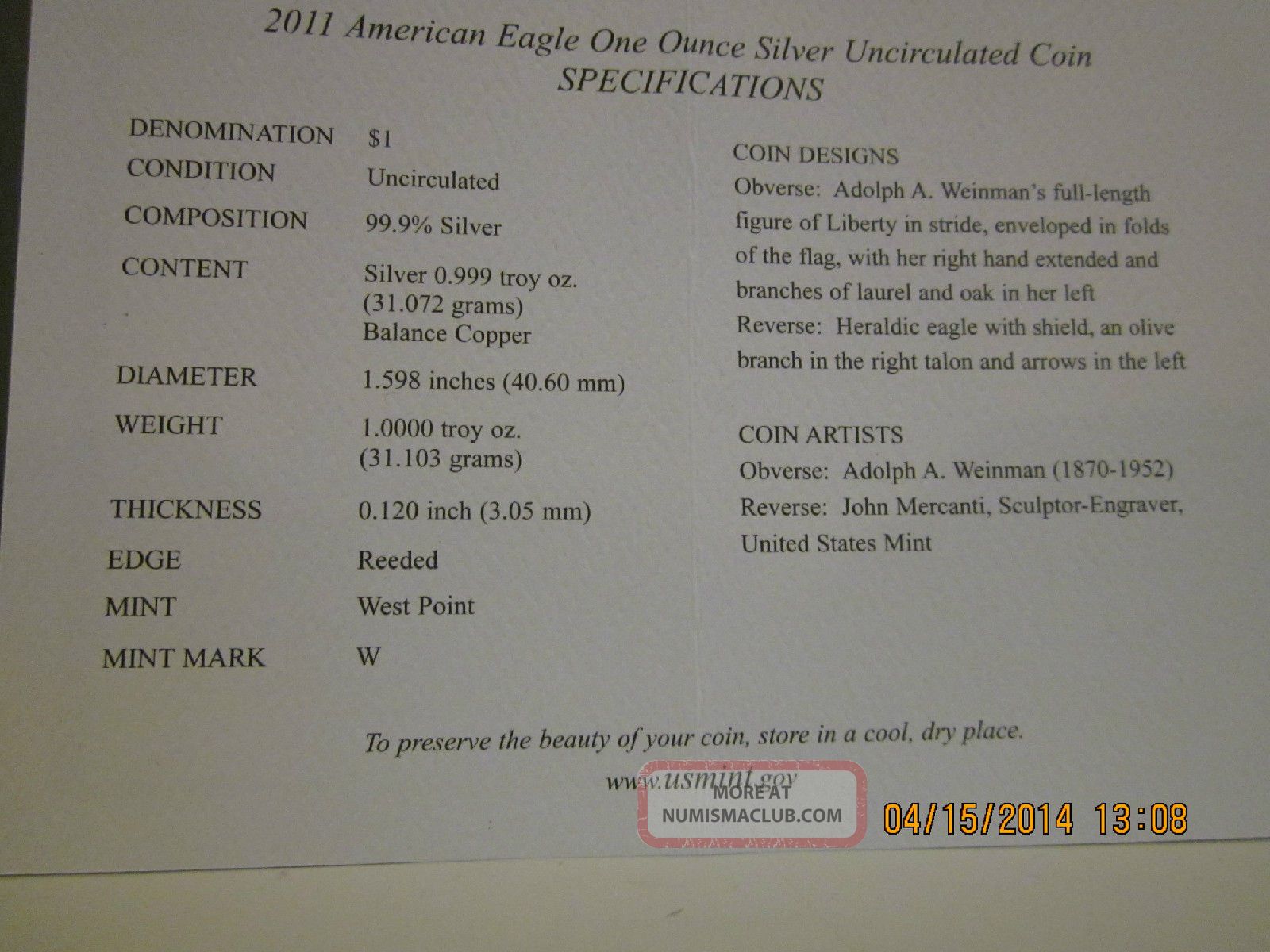 2011 - W Uncirculated Silver American Eagle W/ Packaging