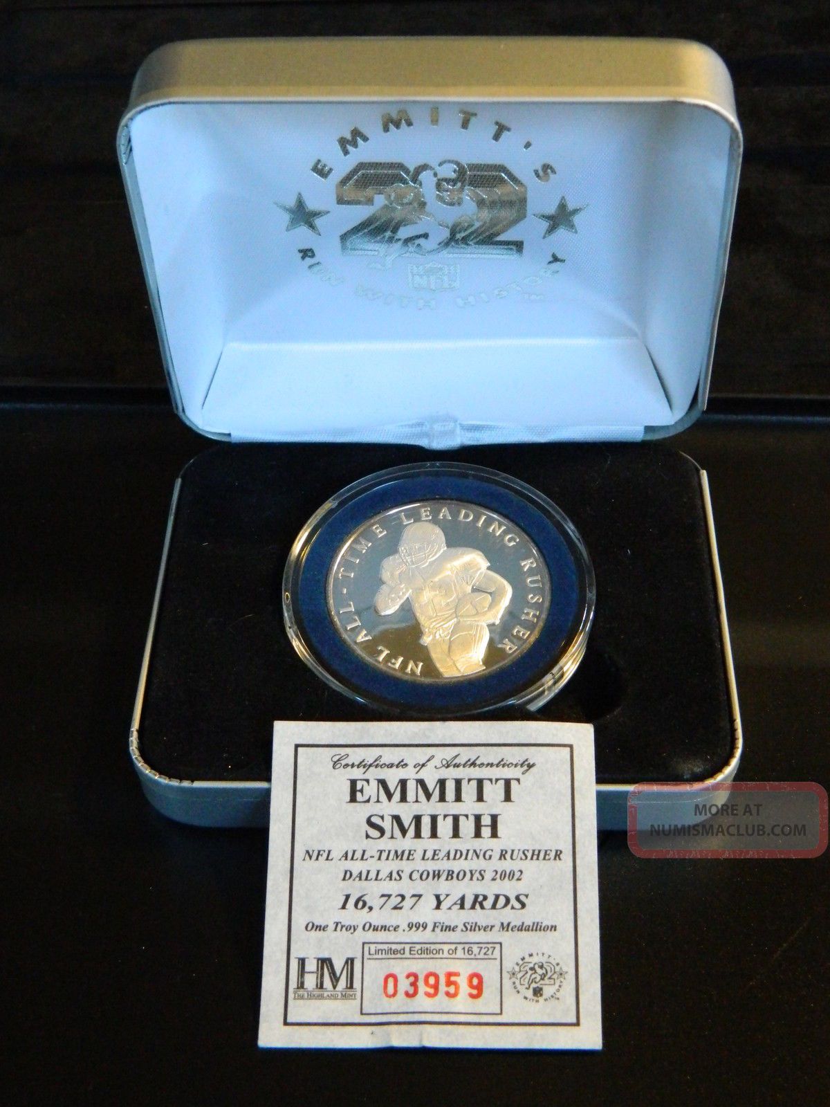 Emmitt Smith. 999 Fine Silver 1 Troy Ounce All Time Leading Rusher ...