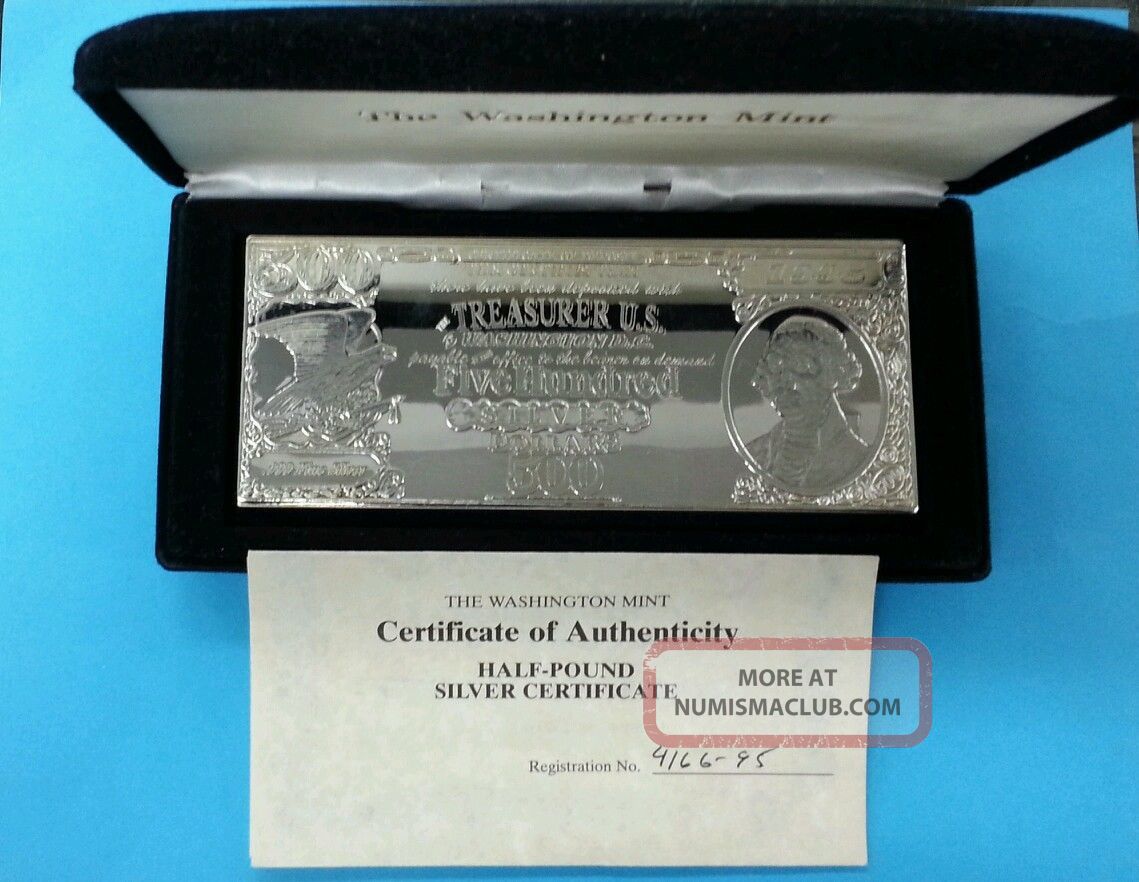 8 Oz Half Pound 1995 Proof 500 Silver Certificate Bar 999 Fine 8 Oz Half Pound 1995 Proof 500 Silver Certificate Bar 999 Fine