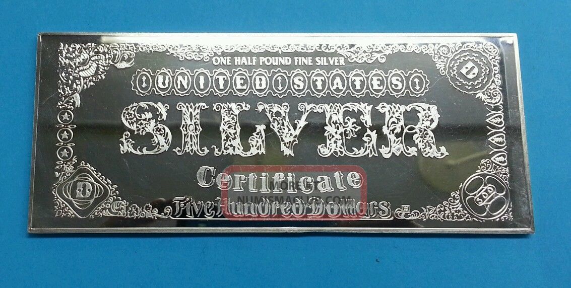 8 Oz Half Pound 1995 Proof 500 Silver Certificate Bar 999 Fine 8 Oz Half Pound 1995 Proof 500 Silver Certificate Bar 999 Fine