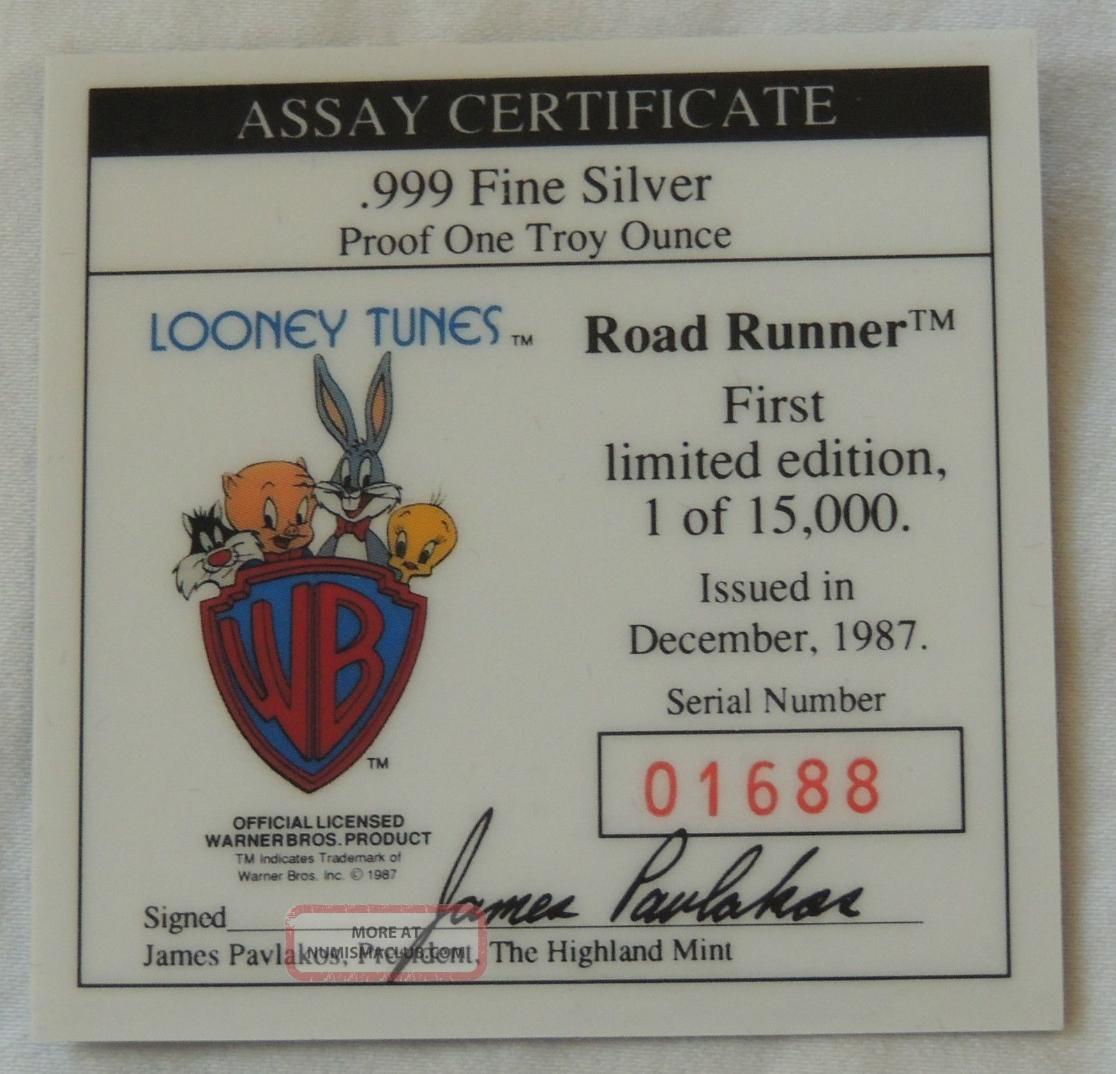 Looney Tunes 1987 Road Runner Silver Round 1 Troy Oz. 999 Fine Silver Coin