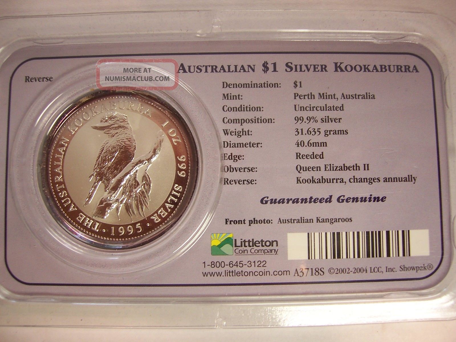 1995 Australian Kookaburra Silver One Dollar Coin