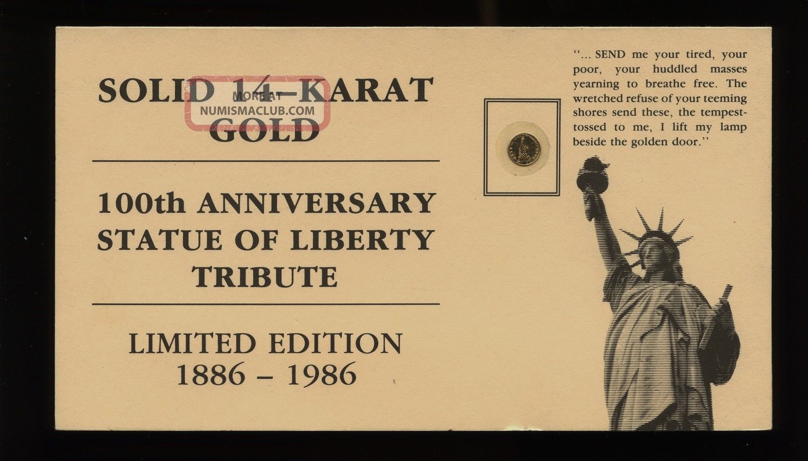 1986 100th. Anniversary (statue Of Liberty) 14 - K Gold Coin Sol - G3