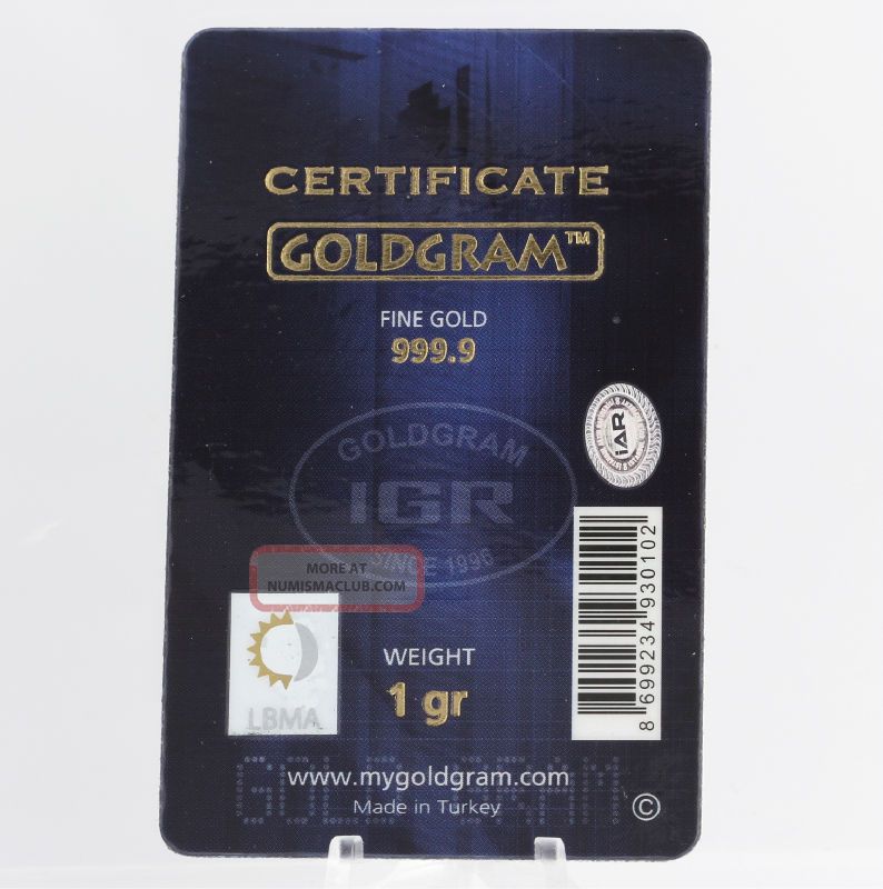 Gold Bar 1gr 999. 9 Fine Instanbul Gold Refinery Igr Goldgram Certified ...