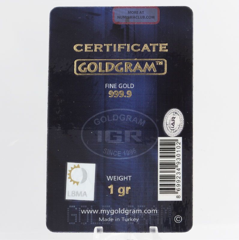 1gr Gold Bar 999. 9 Fine Istanbul Gold Refinery Igr Iar Goldgram Certified