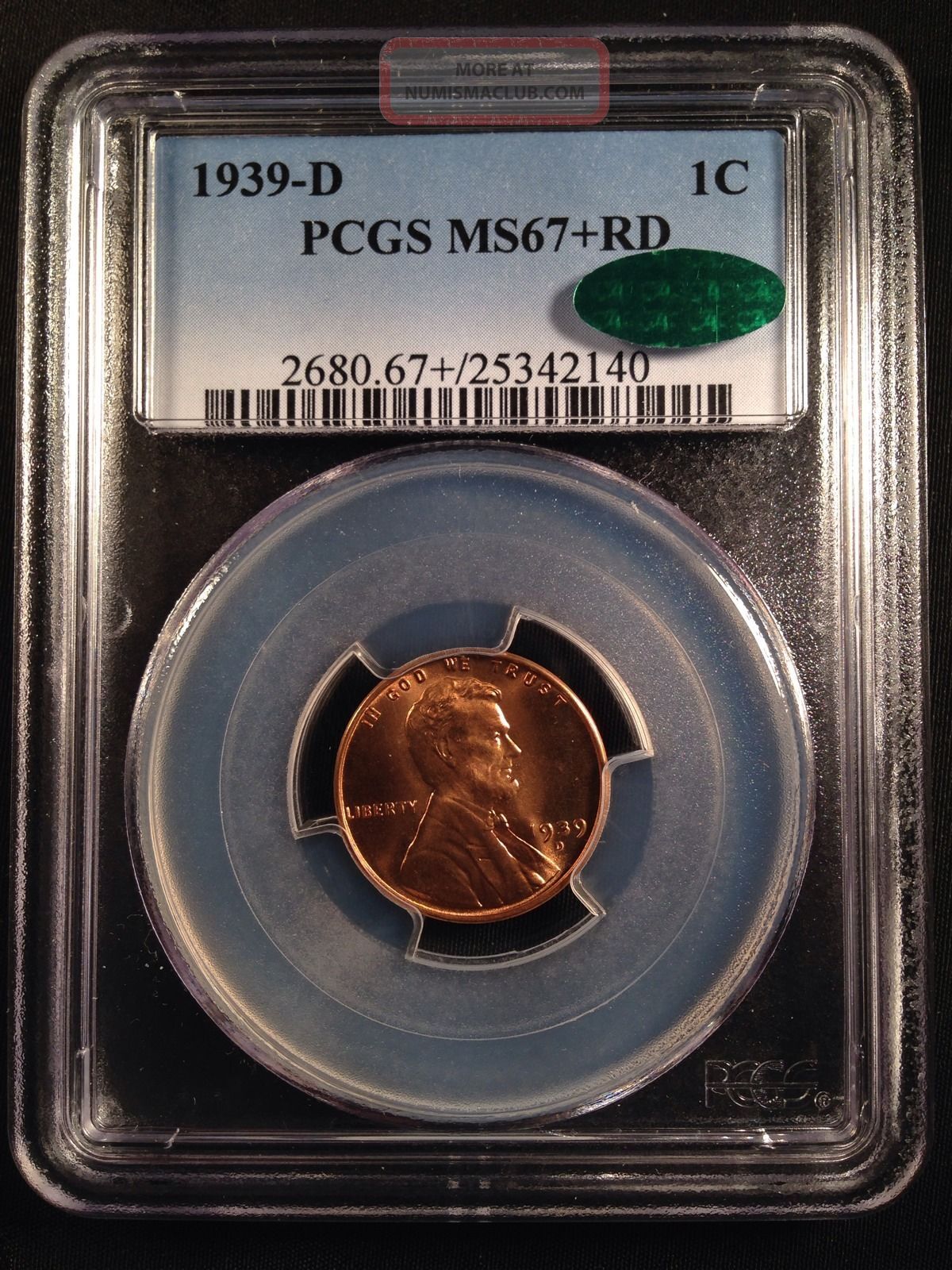 1939 - D Lincoln Wheat One Cent Pcgs Ms67+rd Cac 25342140