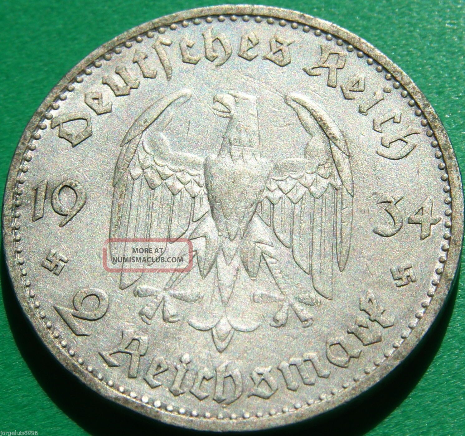 German Nazi Silver Coin 2 Rm 1934 G Garrison Church, 4 Swastikas W/d