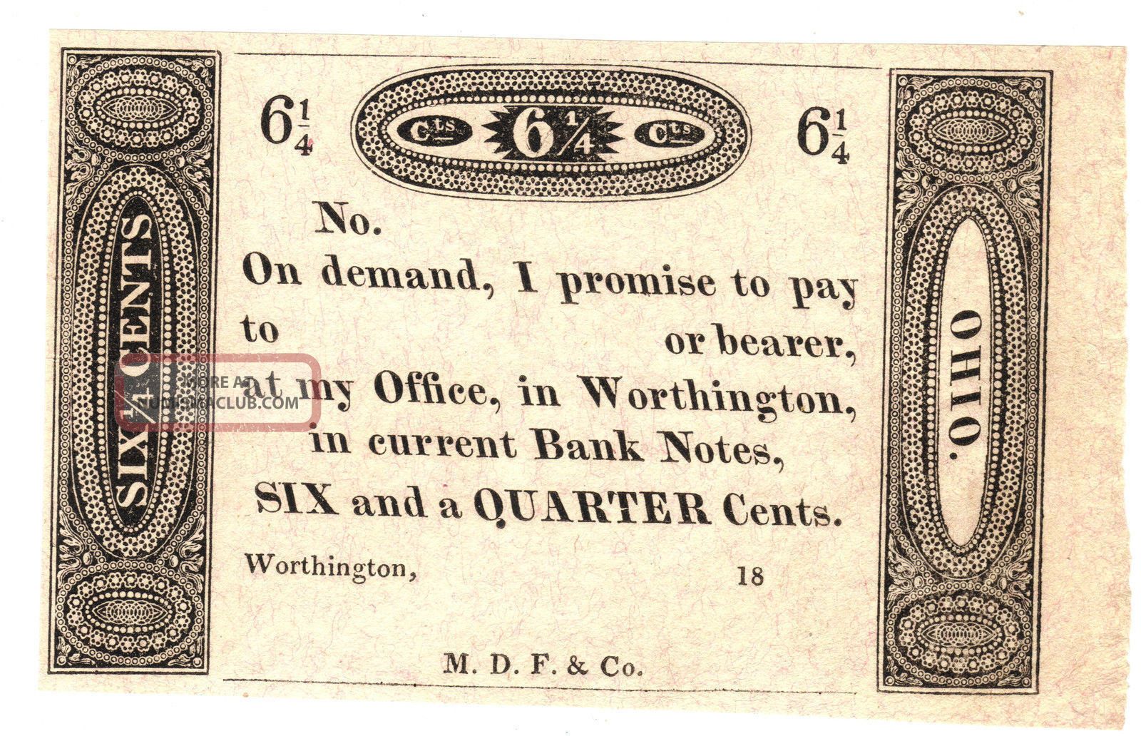 6. 25¢ Worthington Ohio 1810 - 1820 Draper Obsolete Paper Money Bill ...