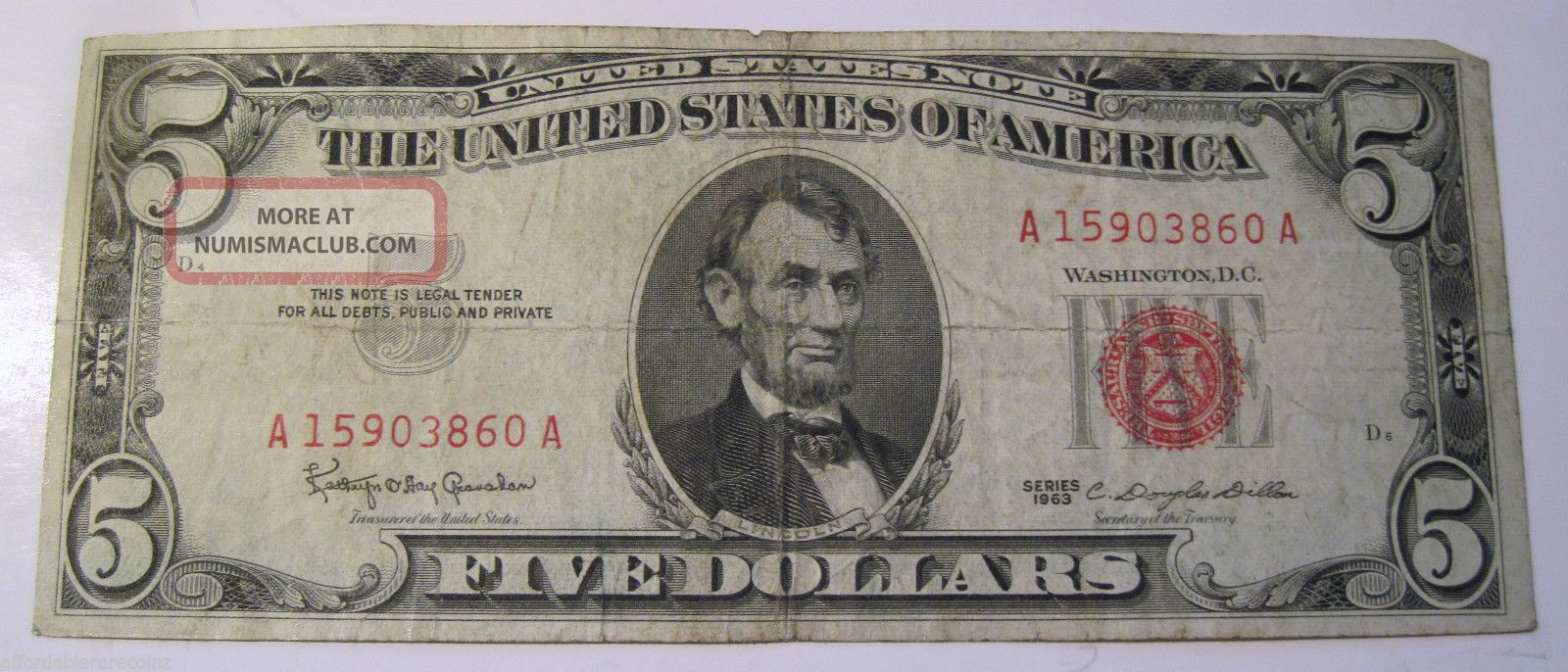 1963 Five Dollar Red Seal United States Note Paper Money Currency (19b)