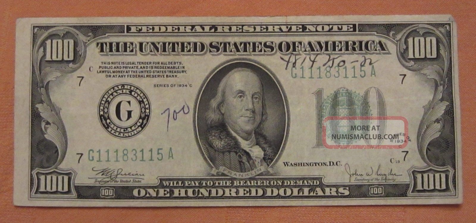 Series Of 1934 - C $100 Bill Federal Reserve Note Chicago Illinois ...