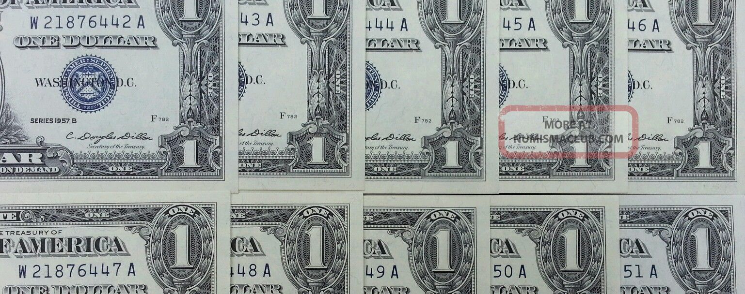 10 Consecutive Sequential 1957b One Dollar $1 Bill Blue Seal Note Unc ...