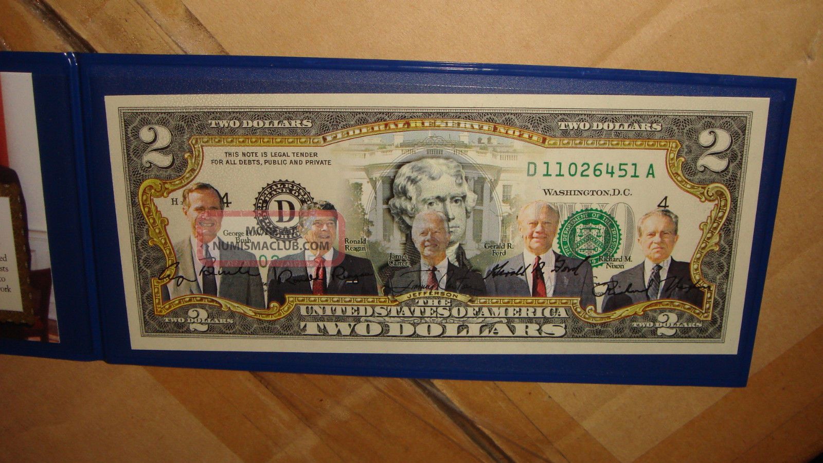 $2 Bill Legal Tender Color W/ President Bush Reagan Carter Ford & Nixon W/