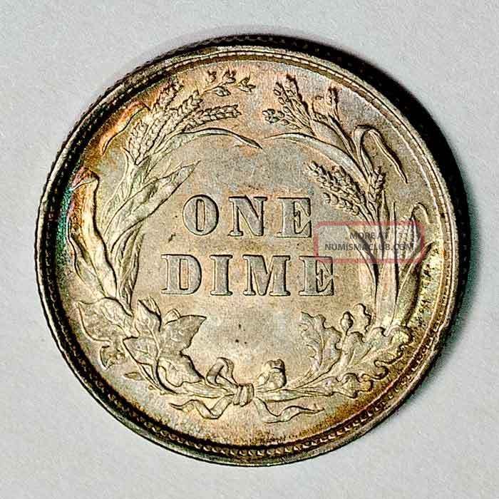 1892 - P Barber Dime Au+ Rainbow Toned (jw)