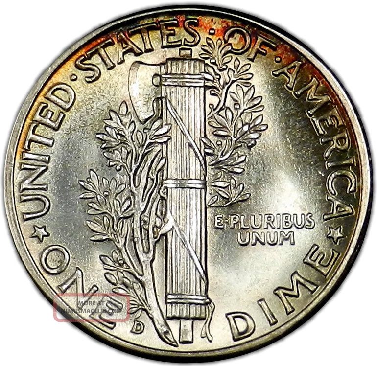 1942 D Gem+ Rainbow Toned Silver Mercury Dim 10c - Premium Quality ...