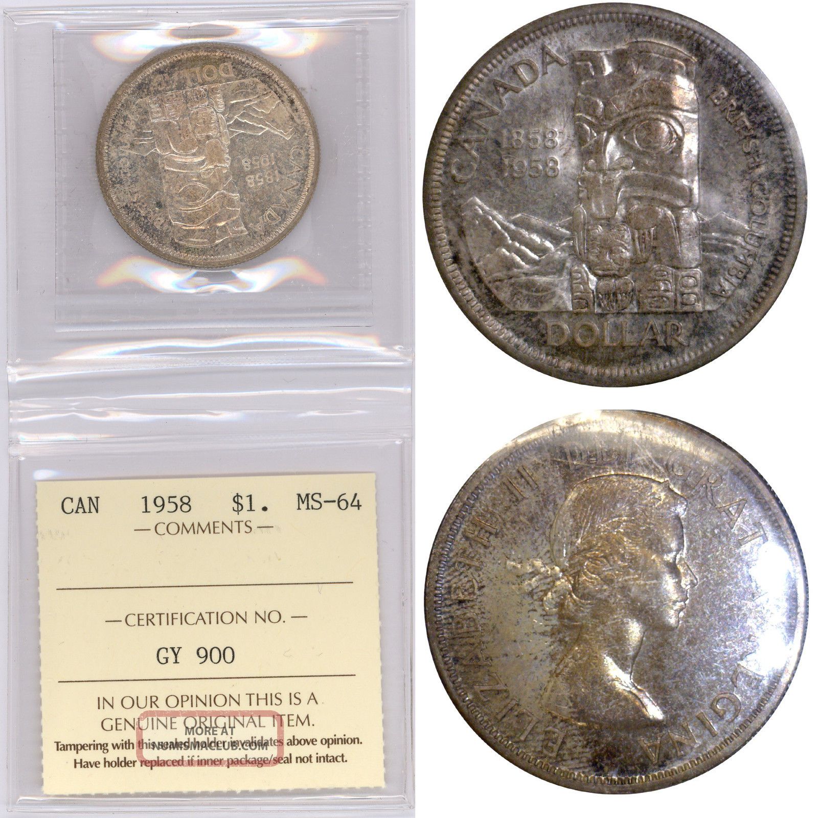 S$1 Canada 1958 Graded By Iccs Ms - 64