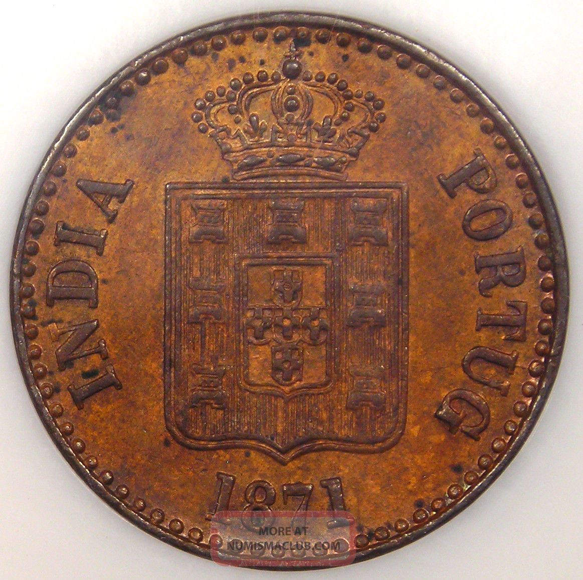 1871 India Portuguese 10 Reis 10r - Ngc Ms62 - Rare Bu Uncirculated Coin