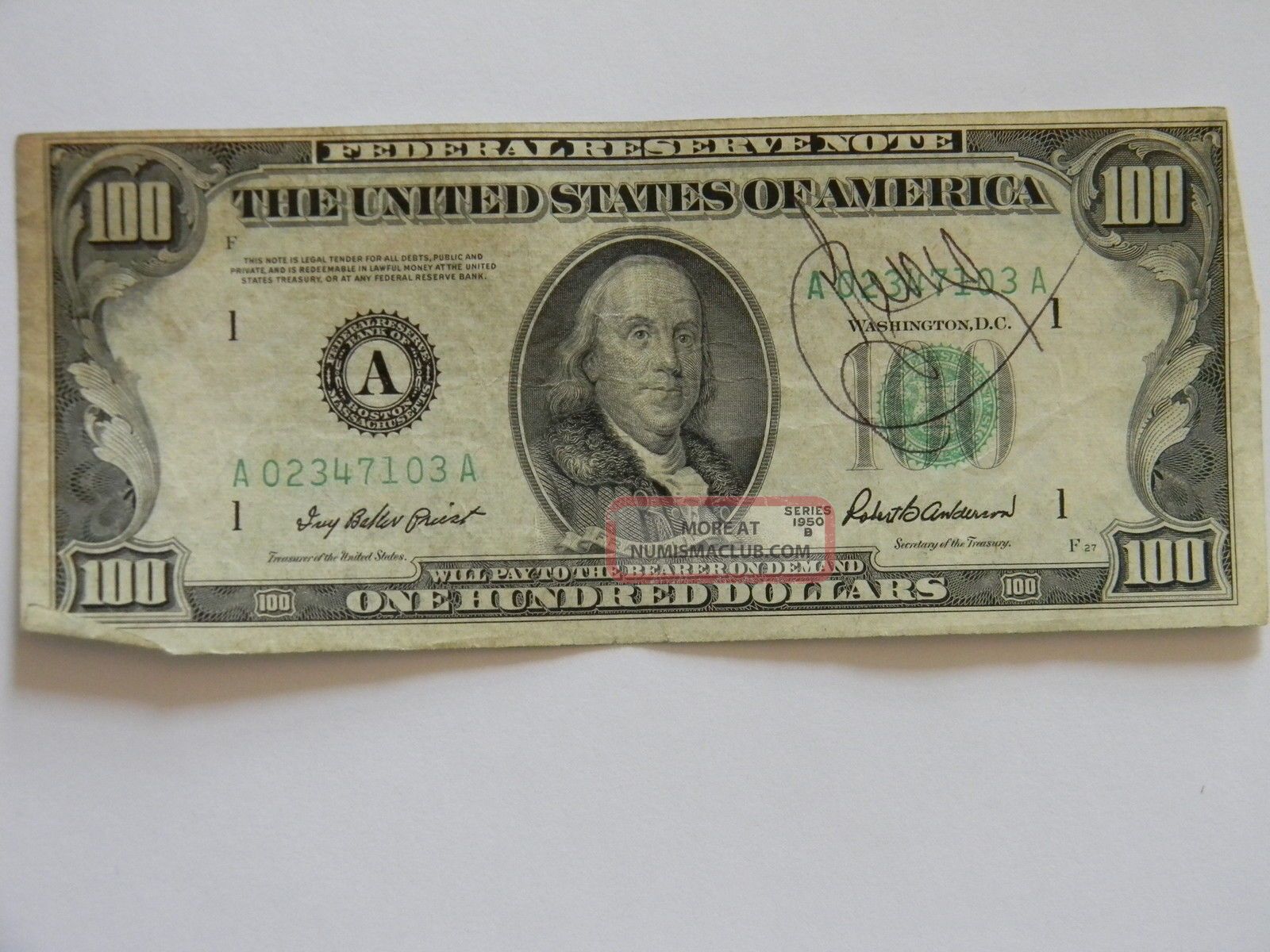 1950b One ($100. 00) Hundred Dollar Federal Reserve A Series Low Serial ... 1950b One ($100. 00) Hundred Dollar Federal Reserve A Series Low Serial ...
