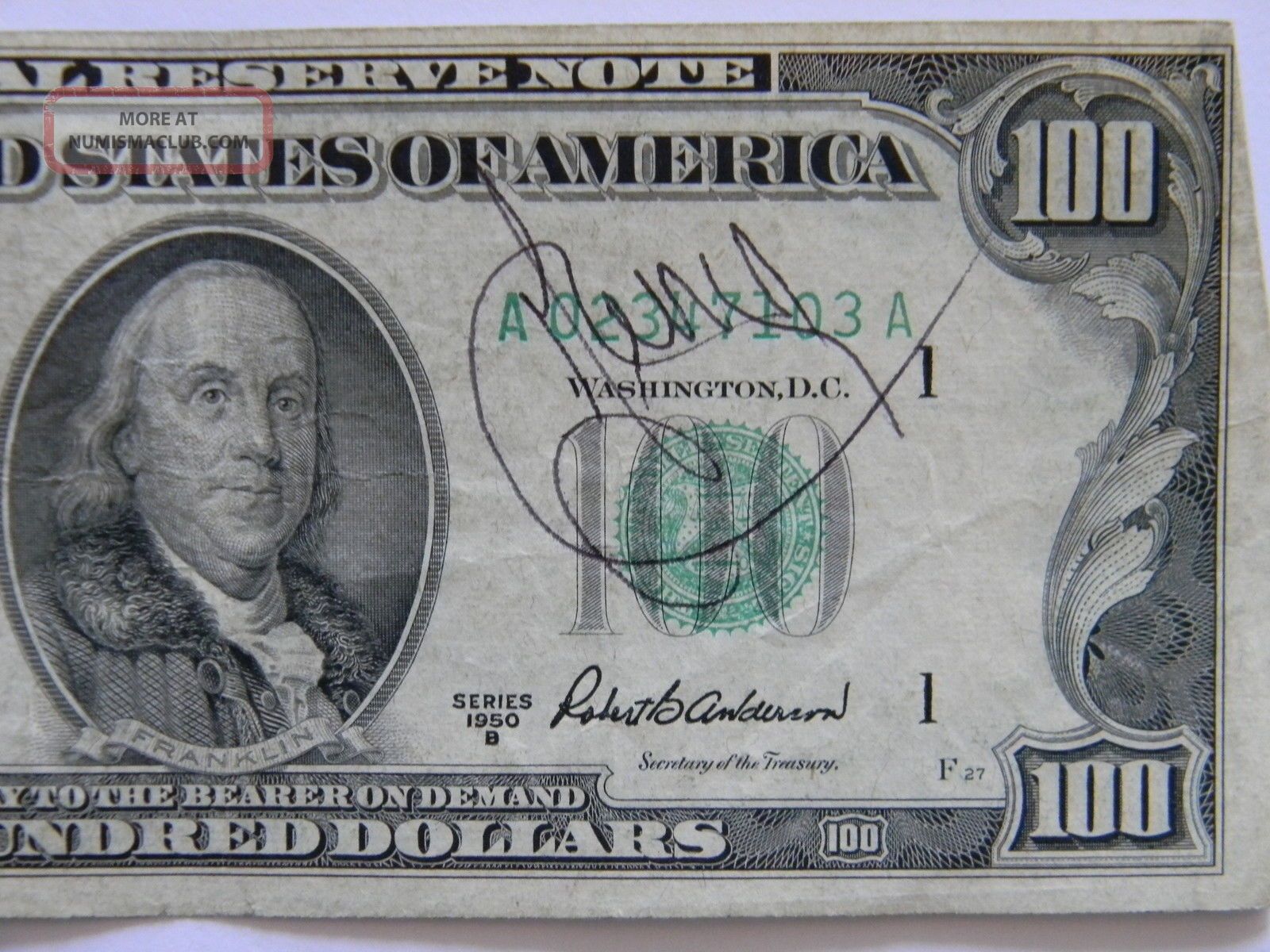 1950b One ($100. 00) Hundred Dollar Federal Reserve A Series Low Serial ... 1950b One ($100. 00) Hundred Dollar Federal Reserve A Series Low Serial ...