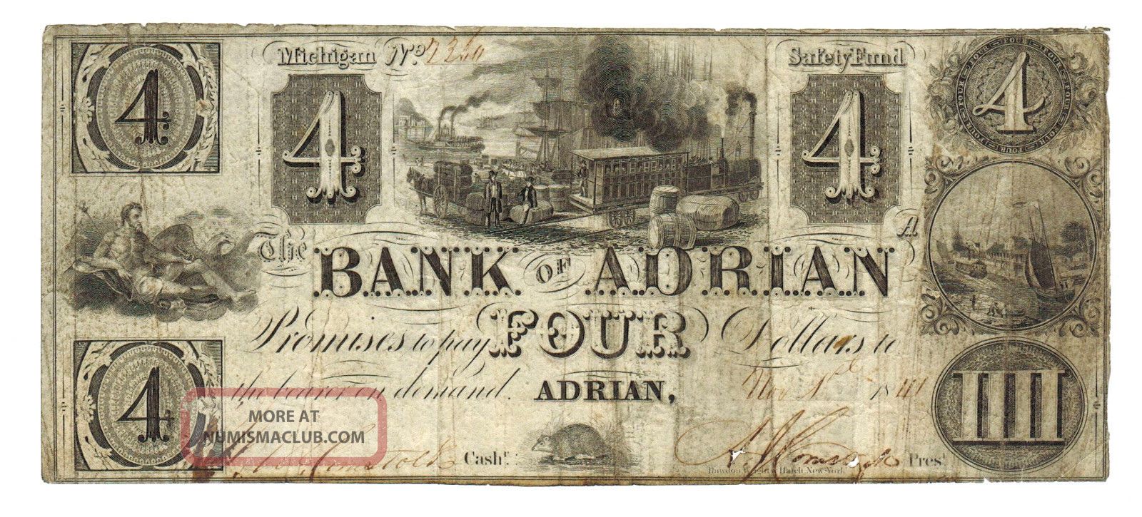 $4 1838 Adrian, Mi - The Bank Of Adrian More Currency 4 +i