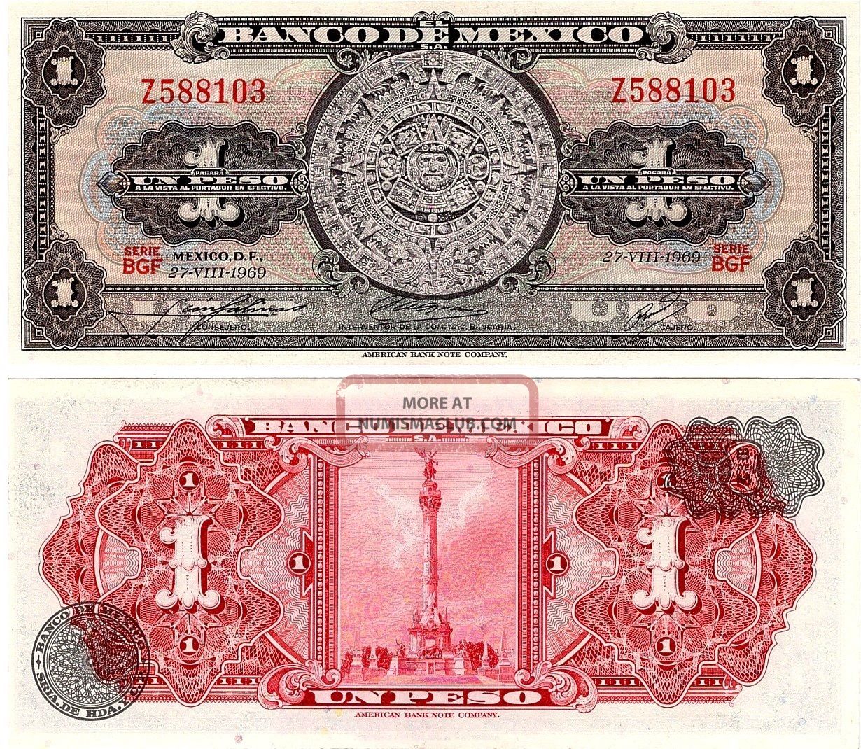 Mexico P - 59k, 1 Peso Aztec Calendar 1969 Unc Banknote