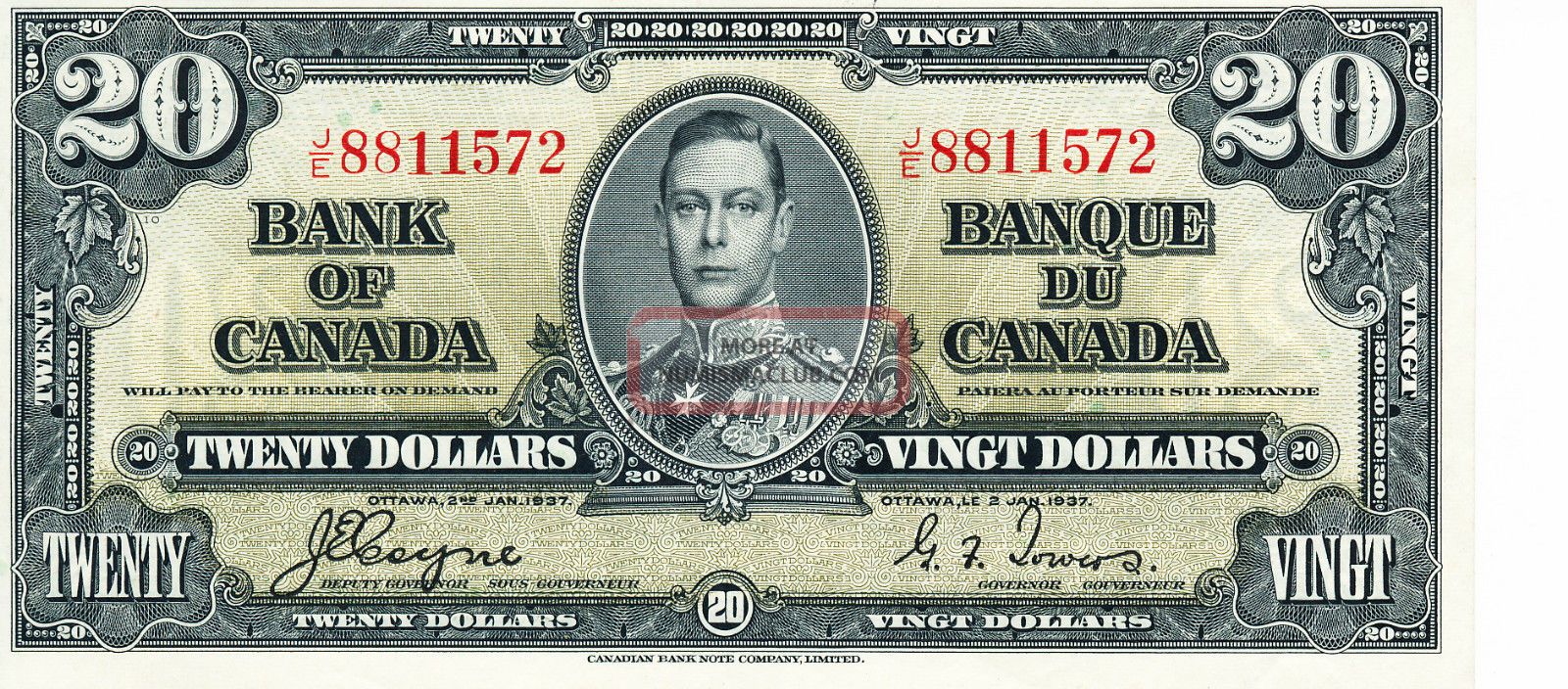 1937 Canadian Paper Money $20 Dollar Bill Almost Uncirculated Valued ...