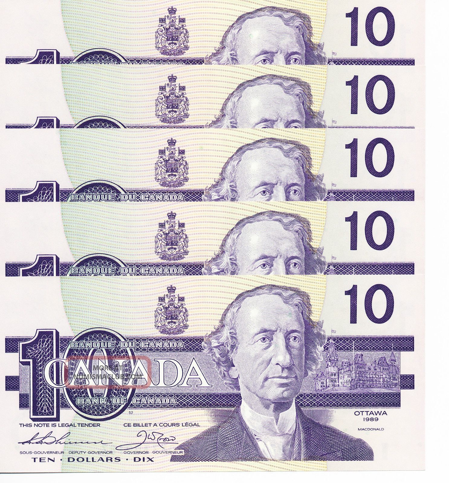 5 X 1989 Canadian Paper Money $10 Dollar Bill Valued Srl, Unc & In Sequence