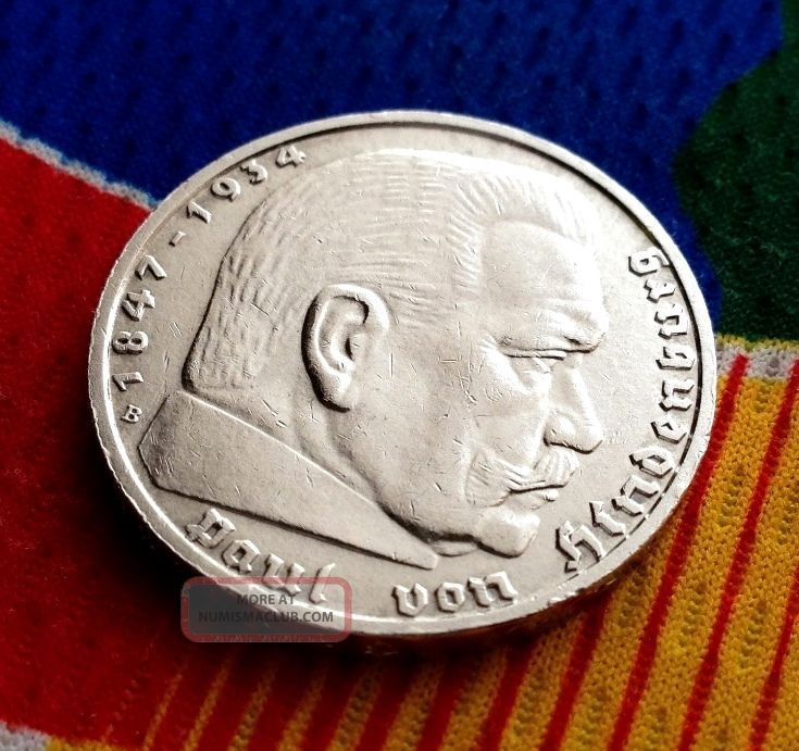 Extra Rare 1939 B Ww2 5 Mark 90% Silver German Third Reichsmark Coin